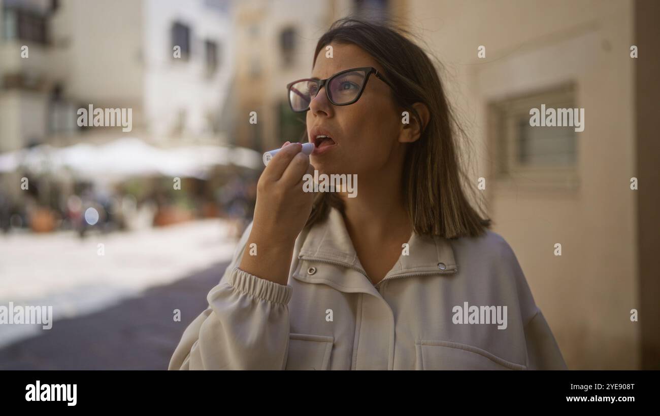 A beautiful young hispanic woman applies lipstick in the charming old ...