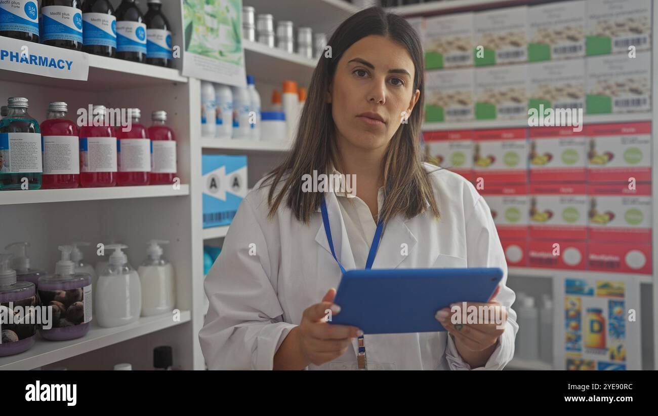 A focused woman pharmacist in a white coat holding a tablet inside a ...