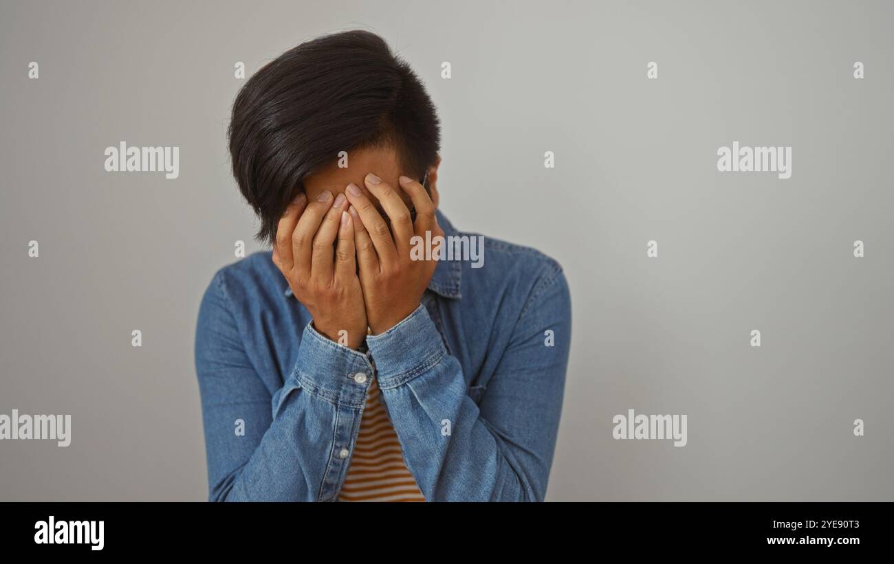 Young man covering face with hands in distress, isolated against a ...