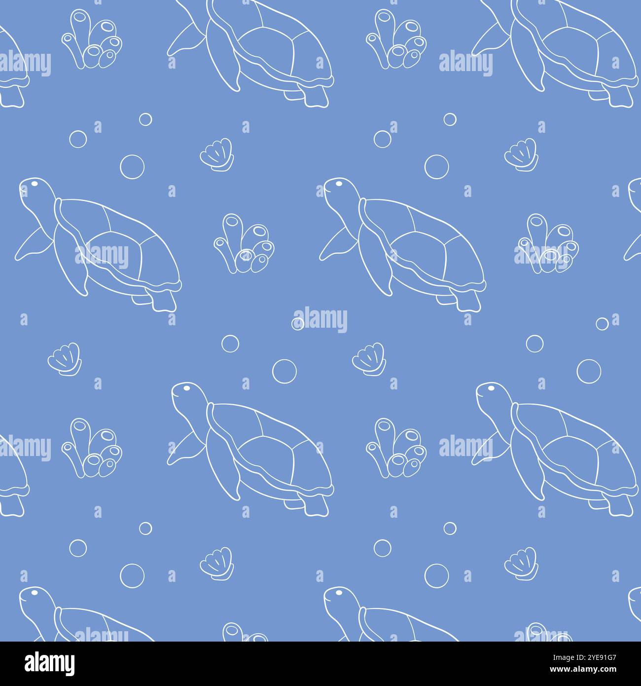 Seamless pattern of sea turtle, coral, bubble and shell on a blue ...