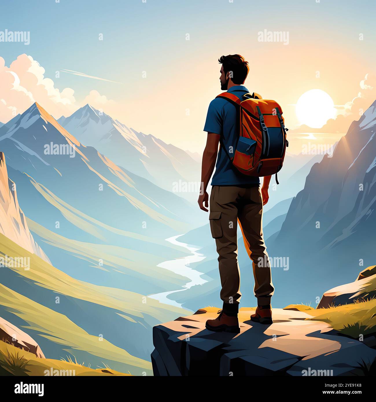 Solo Mountain Hiker Cartoon Adventure Backpacking Journey Scenic ...