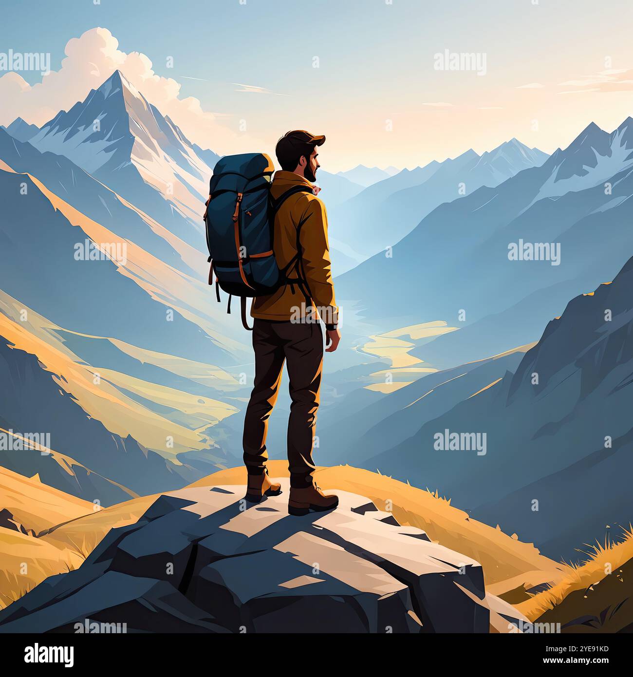 Solo Mountain Hiker Cartoon Adventure Backpacking Journey Scenic