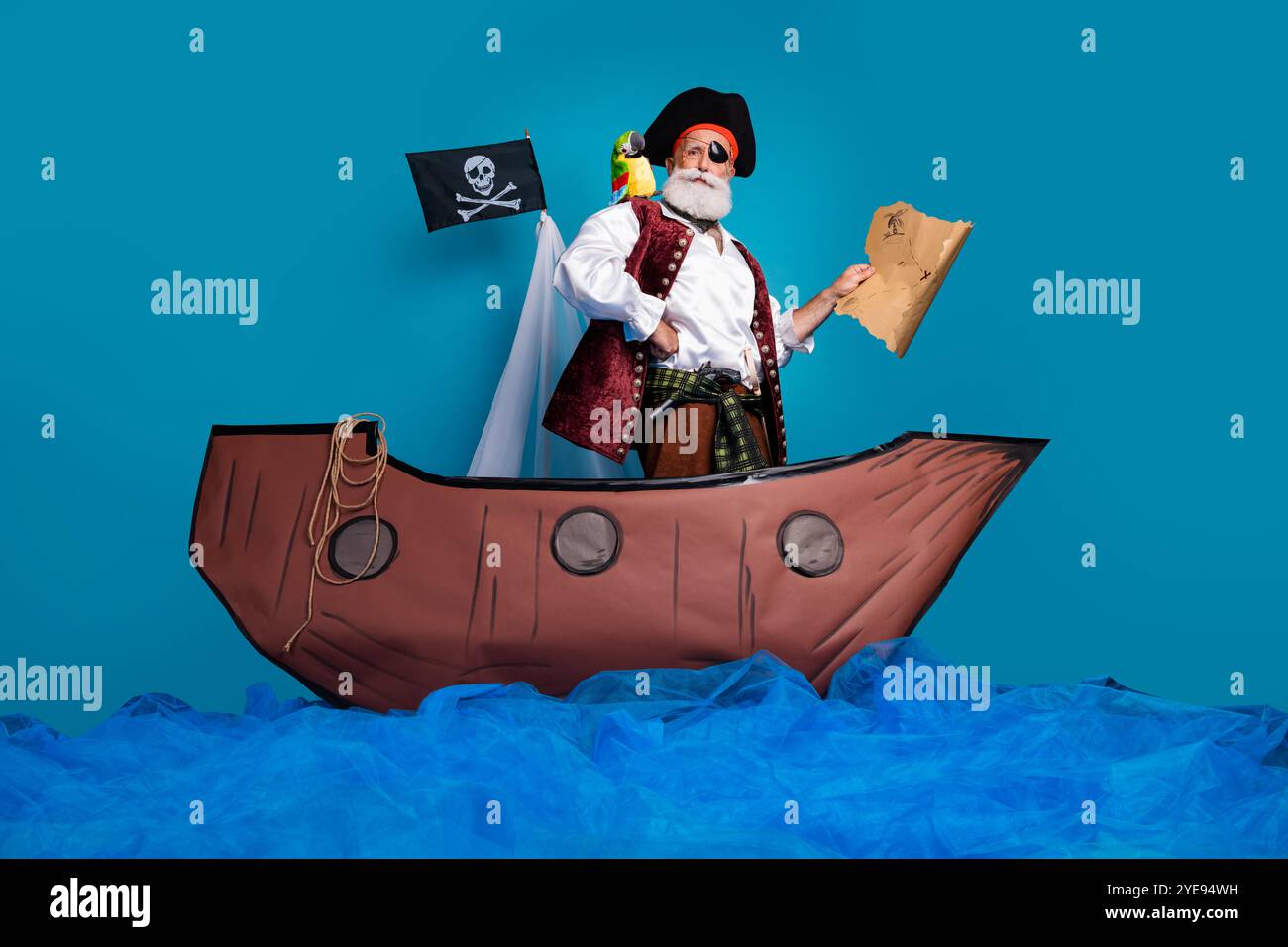 Photo of funny pirate wearing traditional costume swimming in the sea ...