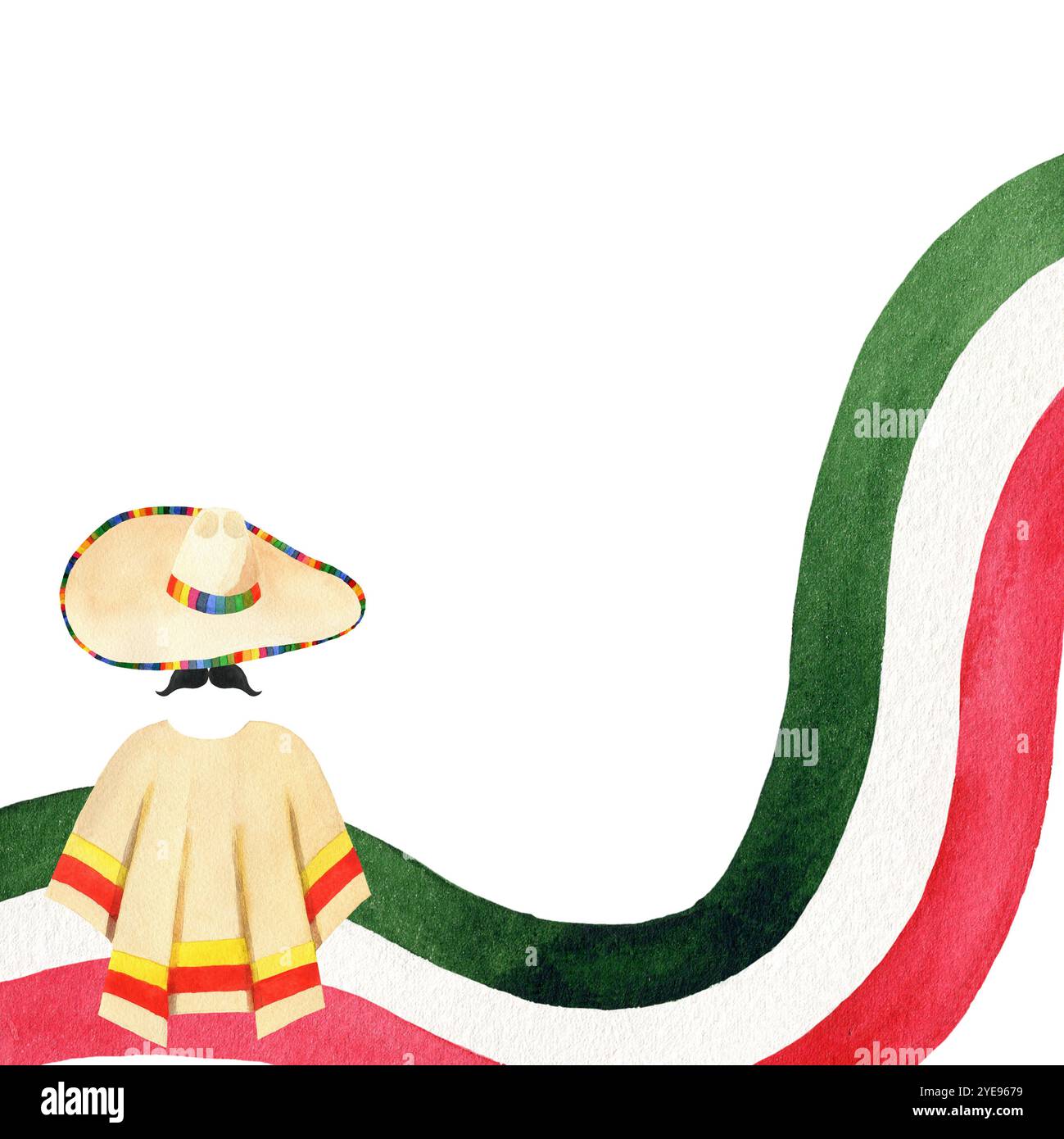 Postcard with mexican flag on ribbon, mexican poncho and sombrero with ...
