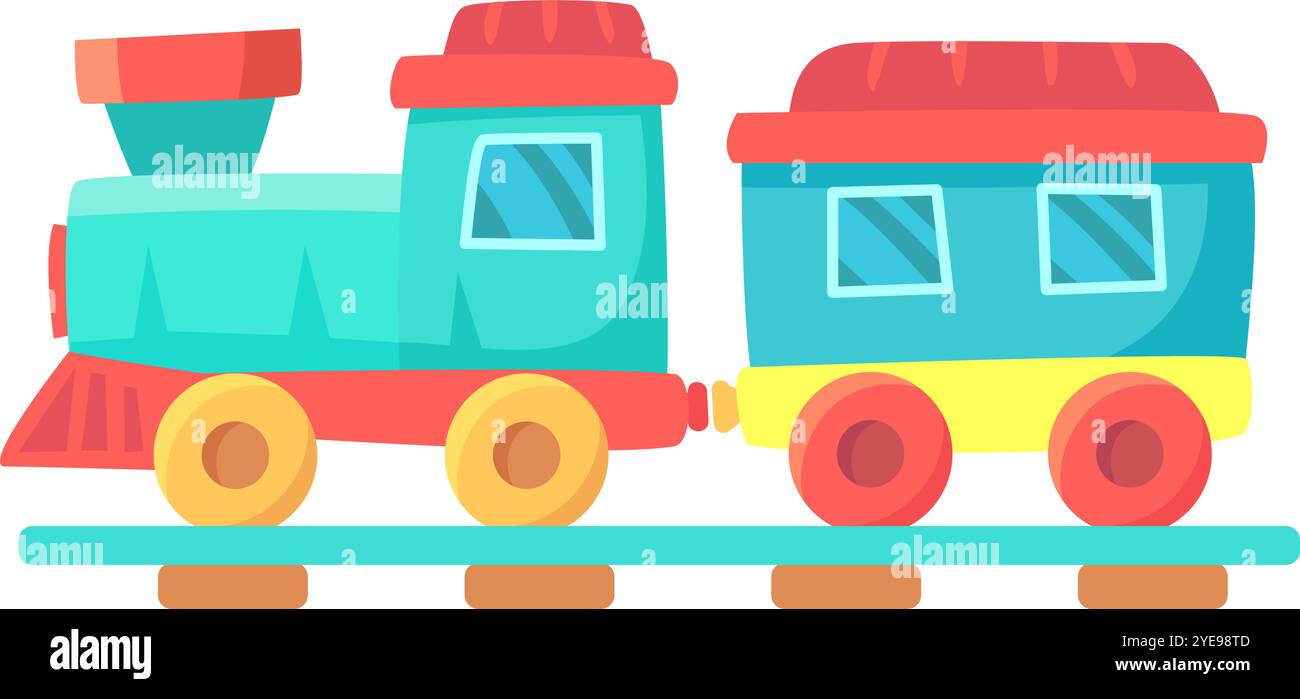 Cartoon illustration of a toy train engine pulling a passenger carriage ...