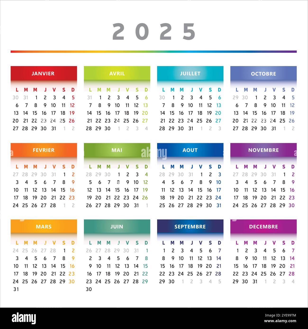 2025 Calendar with Boxes in Rainbow Colors 4 Columns - French Stock ...