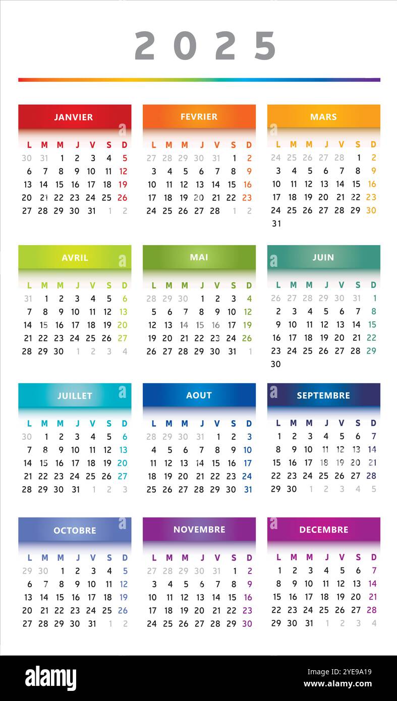 2025 Calendar with Boxes in Rainbow Colors 3 Columns - French Stock ...