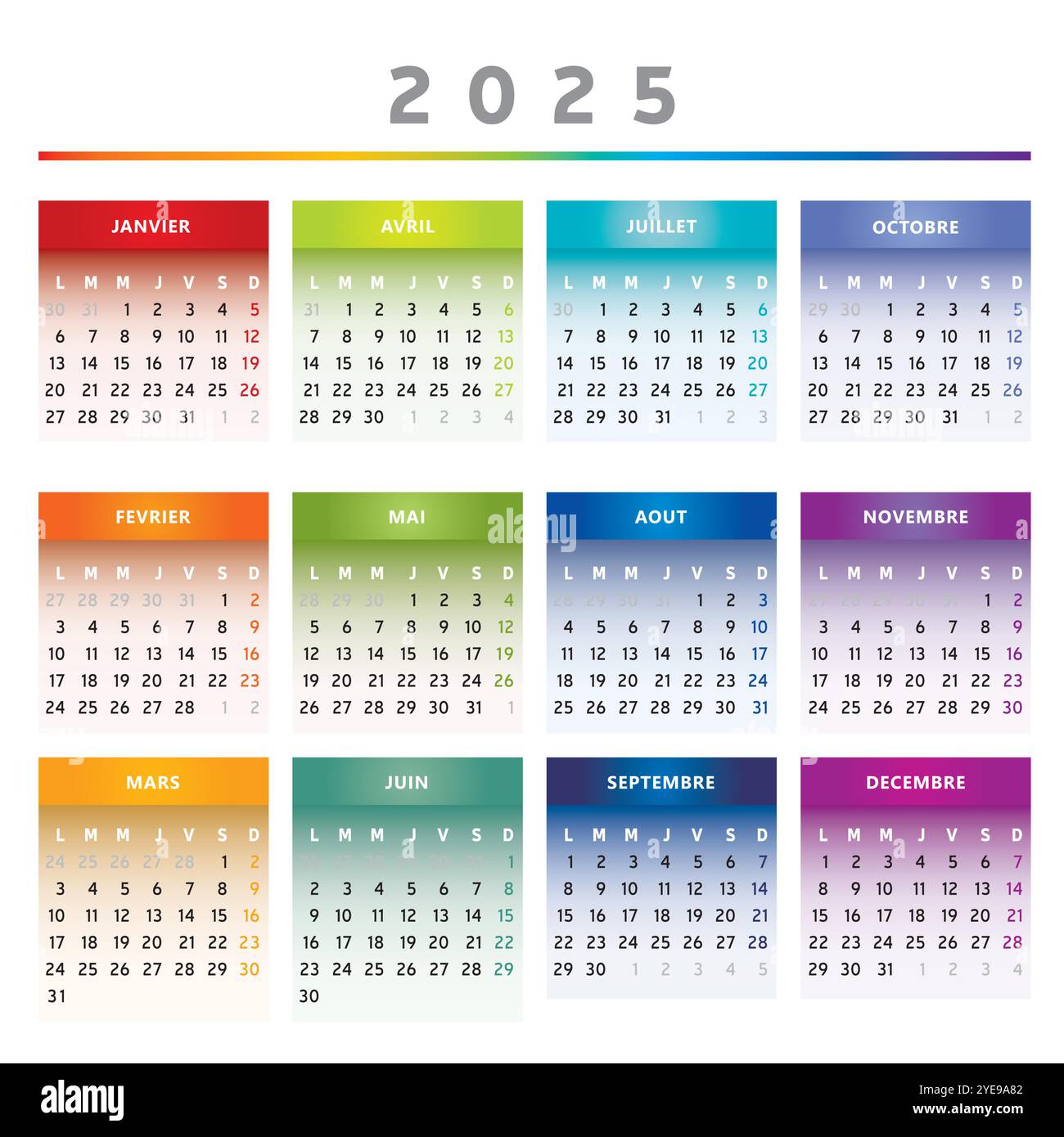 2025 Calendar with Boxes in Rainbow Colors 4 Columns - English Stock ...
