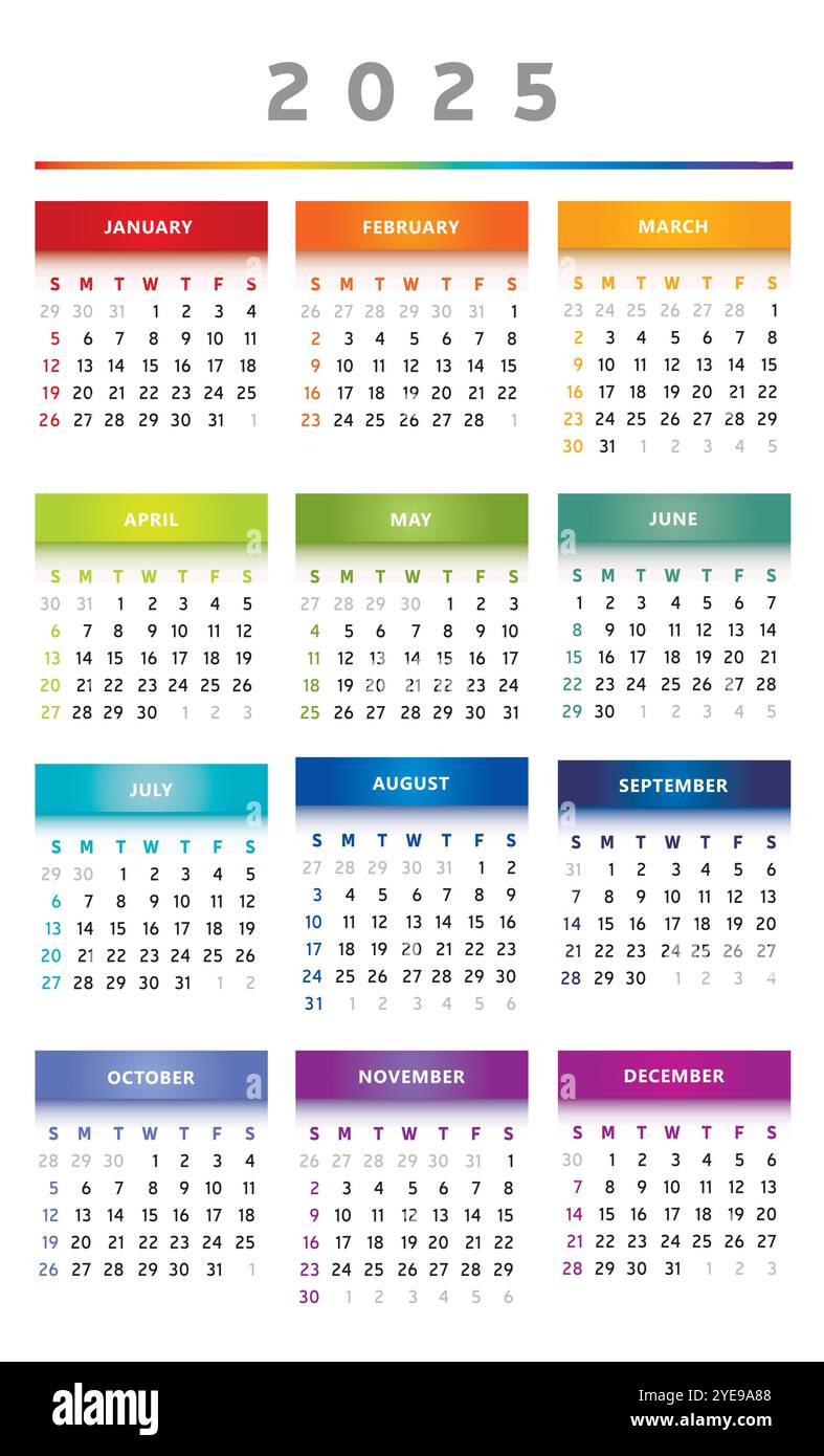 2025 Calendar with Boxes in Rainbow Colors 4 Columns - English Stock ...