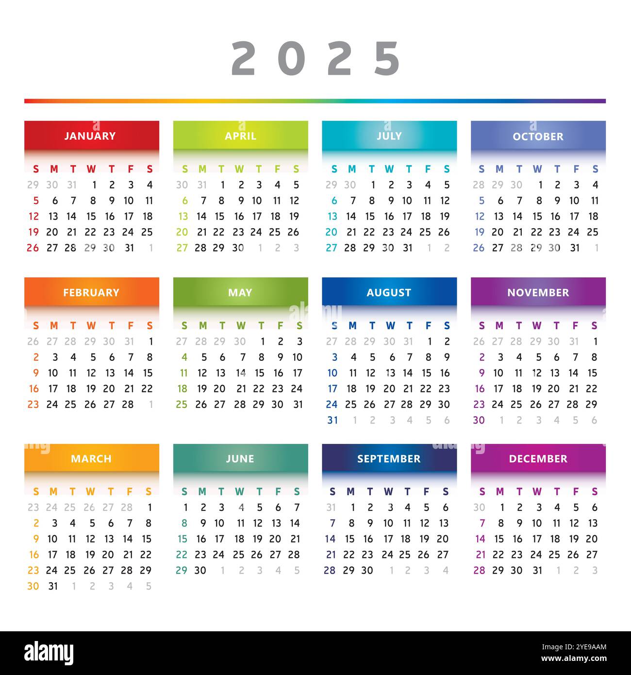 2025 Calendar with Boxes in Rainbow Colors 4 Columns - English Stock ...