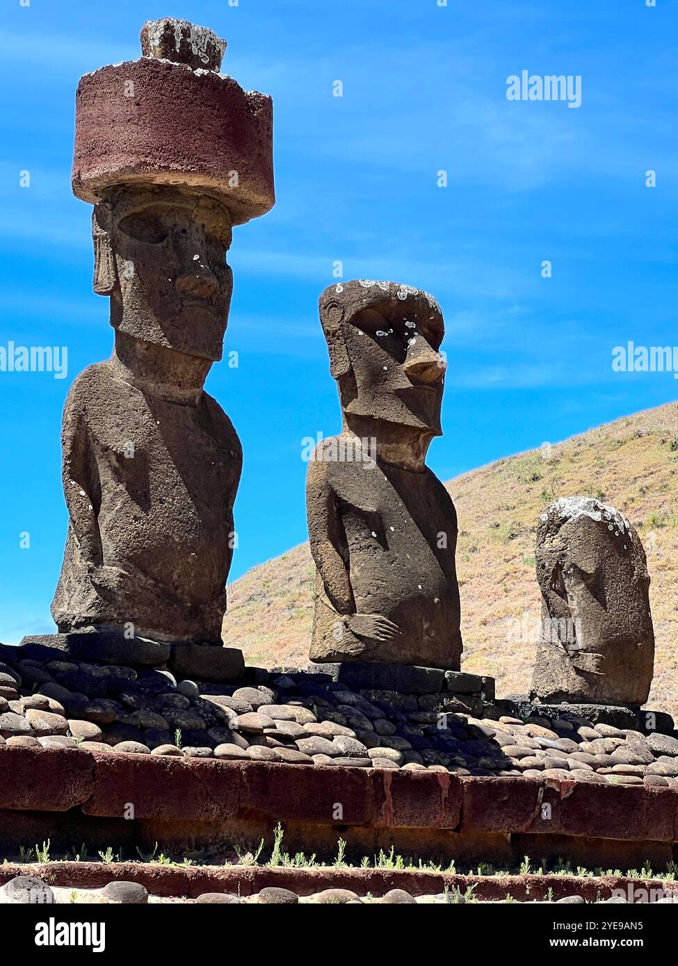 Moai statues at Ahu Tongariki Easter Island, Chile, with one featuring ...
