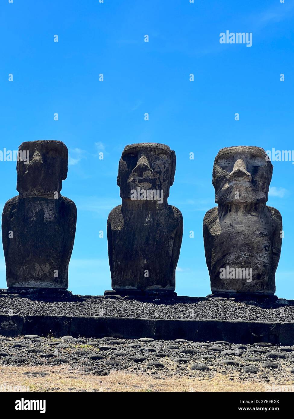 Three majestic moai statues stand on Easter Island, Chile, under a clear blue sky. These ancient ...
