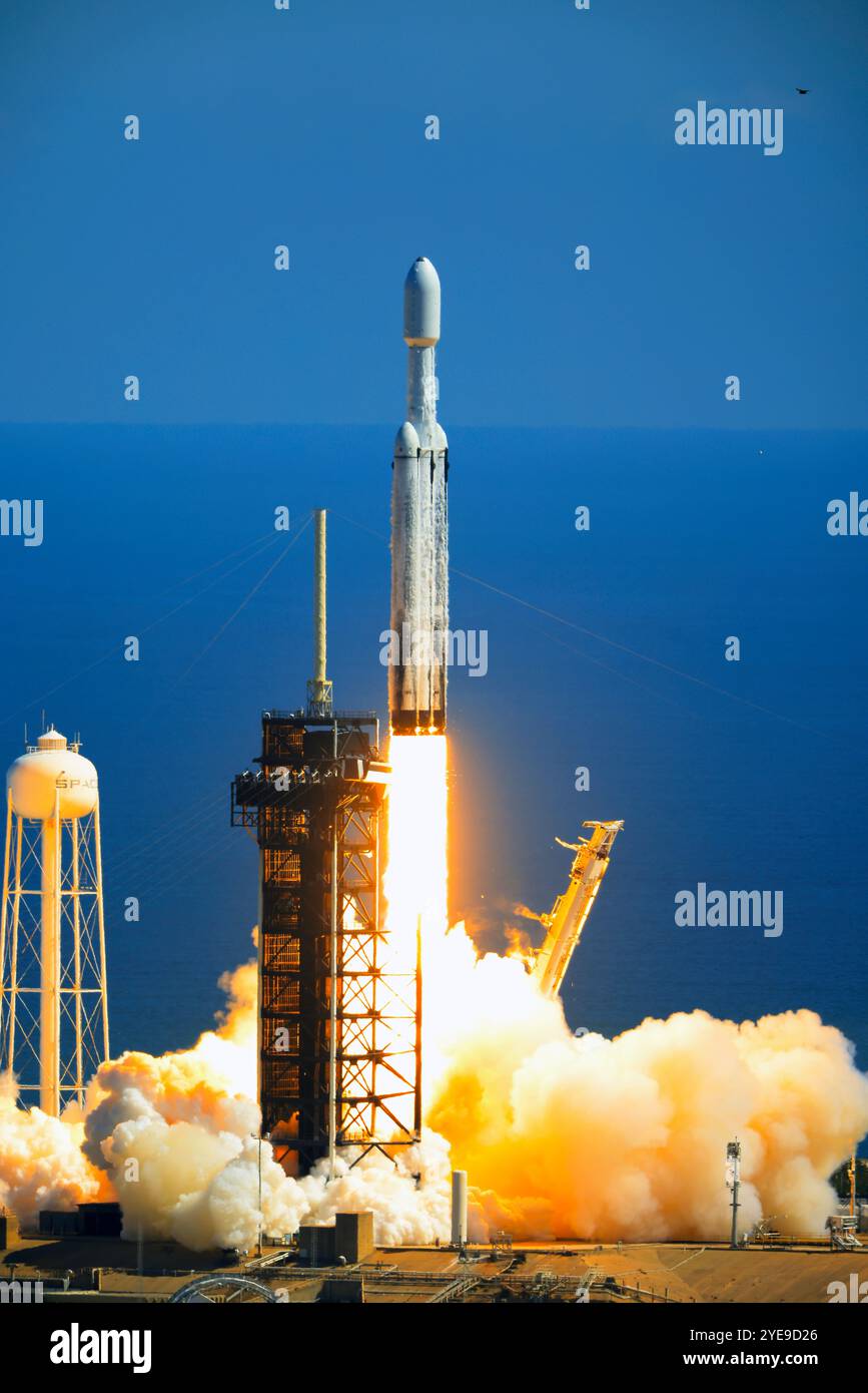 KENNEDY SPACE CENTER, FLORIDA, USA - 14 October 2024 - A SpaceX Falcon Heavy rocket carrying ...