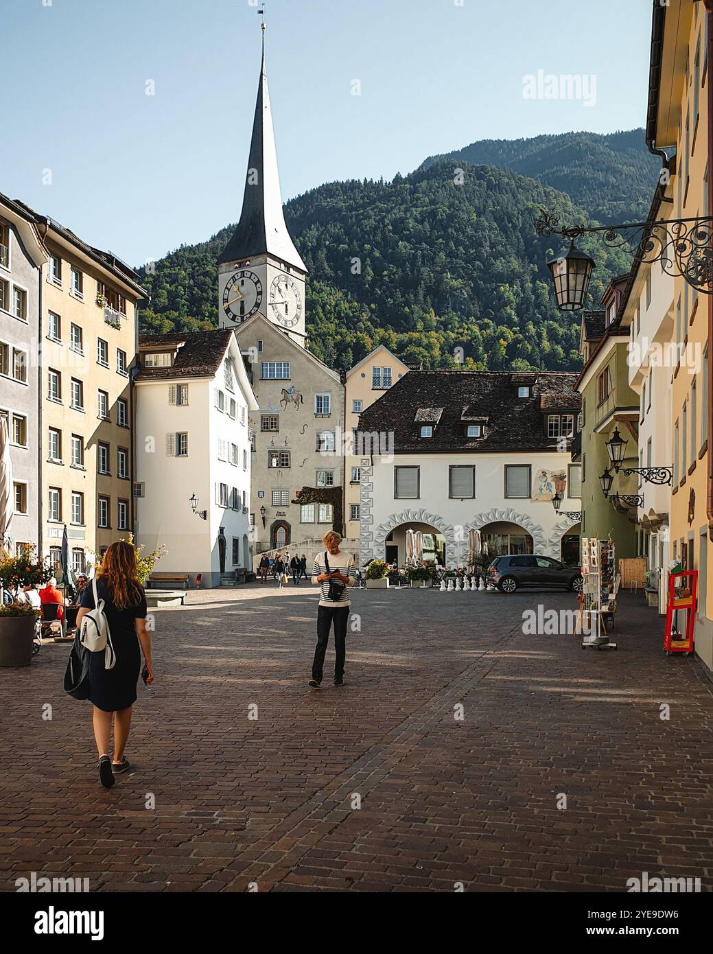 Arcas square in Chur old town. City square with old medieval houses ...