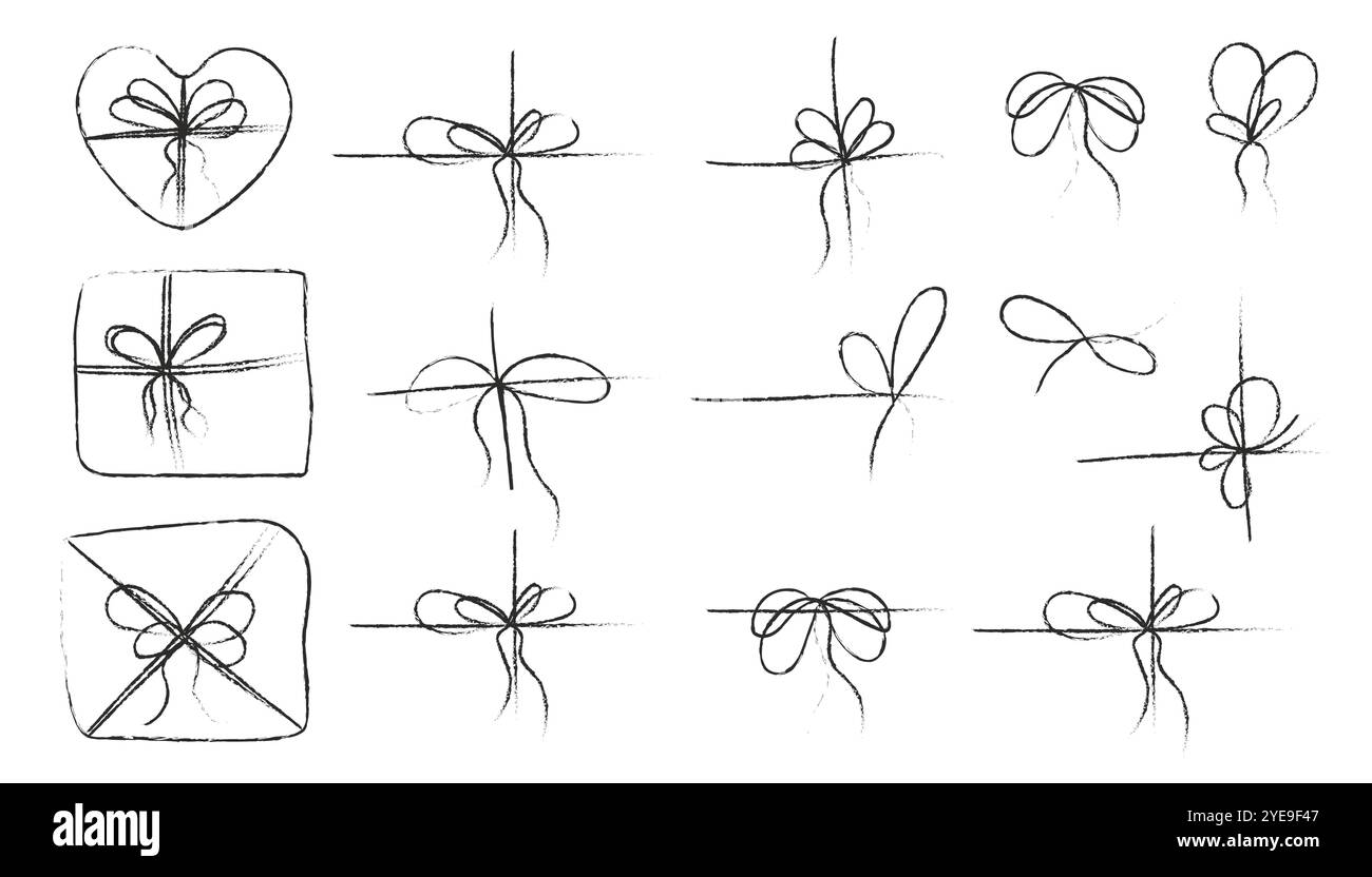 Simple bows on ribbon thin line, Bowknot for package. Set gift ribbon, doodle stroke minimal ...