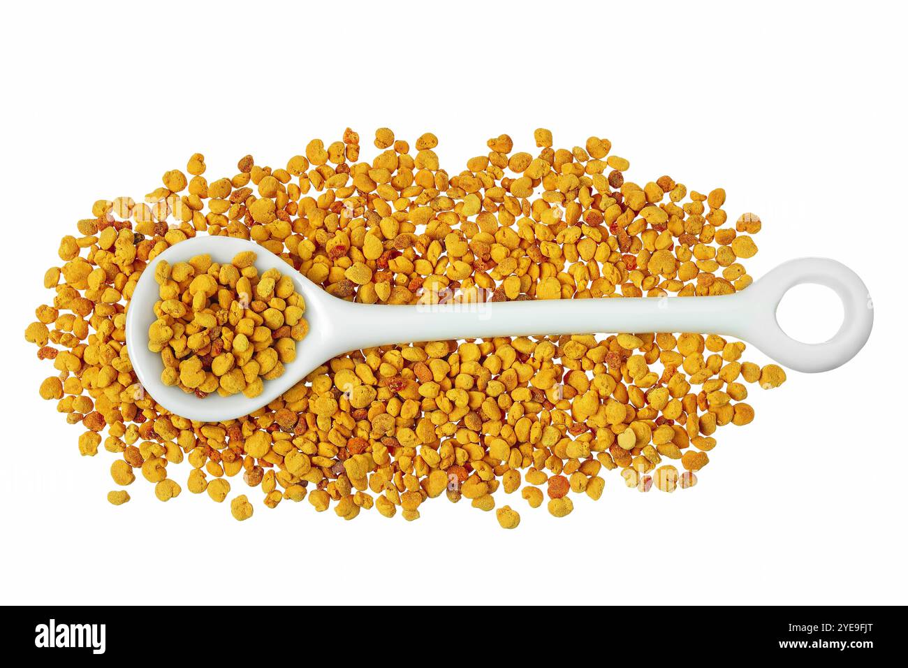 Bee pollen grains in ceramic spoon isolated on white background. Top ...