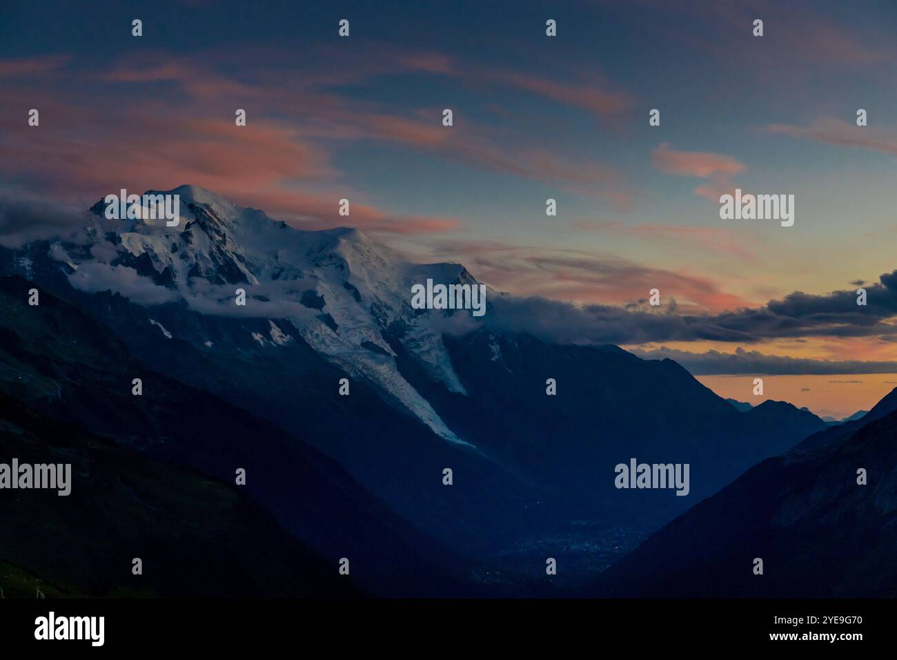 Mont Blanc, Monte Bianco mountain summit snow dome above the Chamonix ...