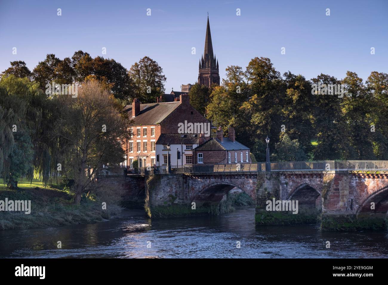 The district of Handbridge, the Old Dee Bridge and River Dee in autumn, Chester, Cheshire ...