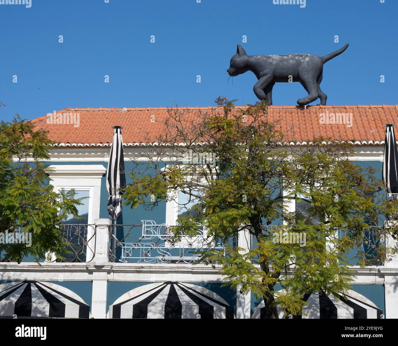 Cat sculpture posed walking across a clay tile rooftop in Portugal ...