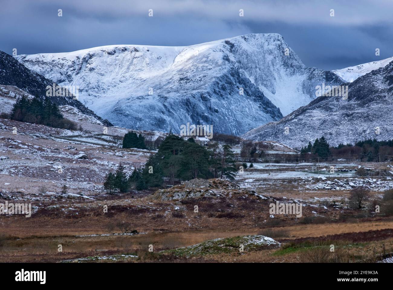 Y Garn and The Glyderau mountains across the Ogwen Valley in winter ...