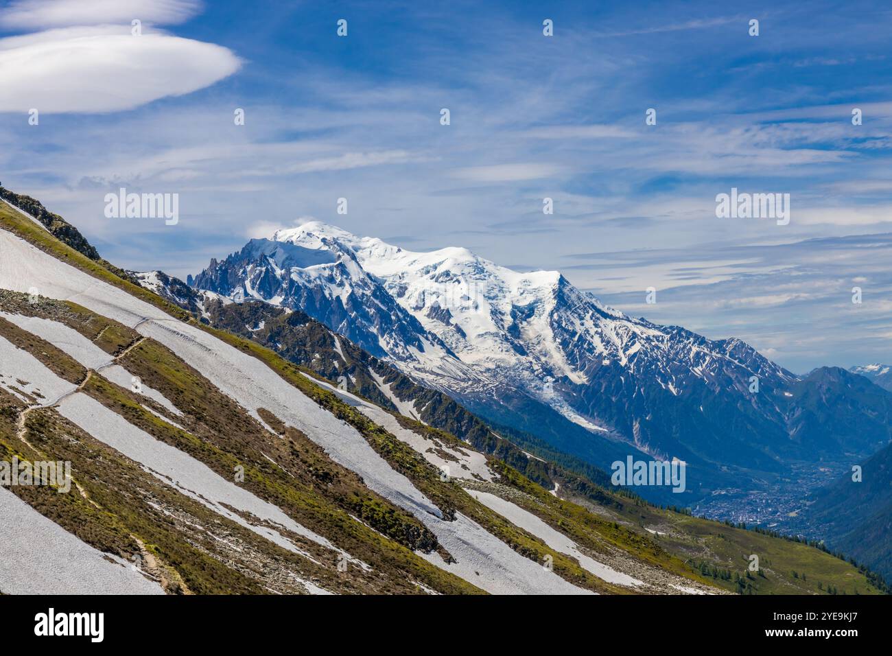 Mont Blanc, Monte Bianco mountain summit snow dome above the Chamonix ...