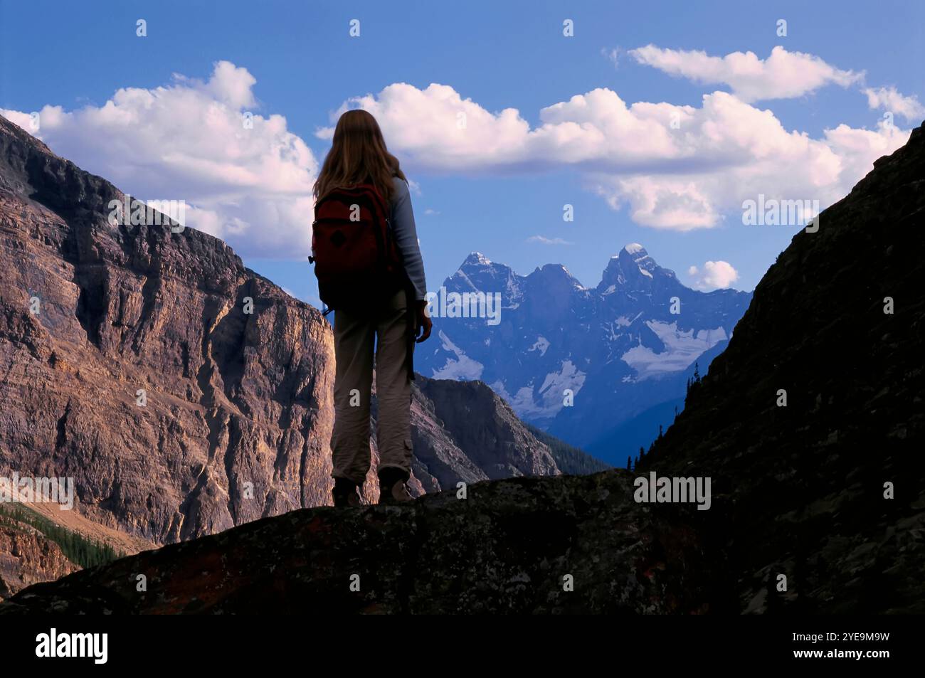 Rear view of a female hiker with backpack enjoying the view of the ...