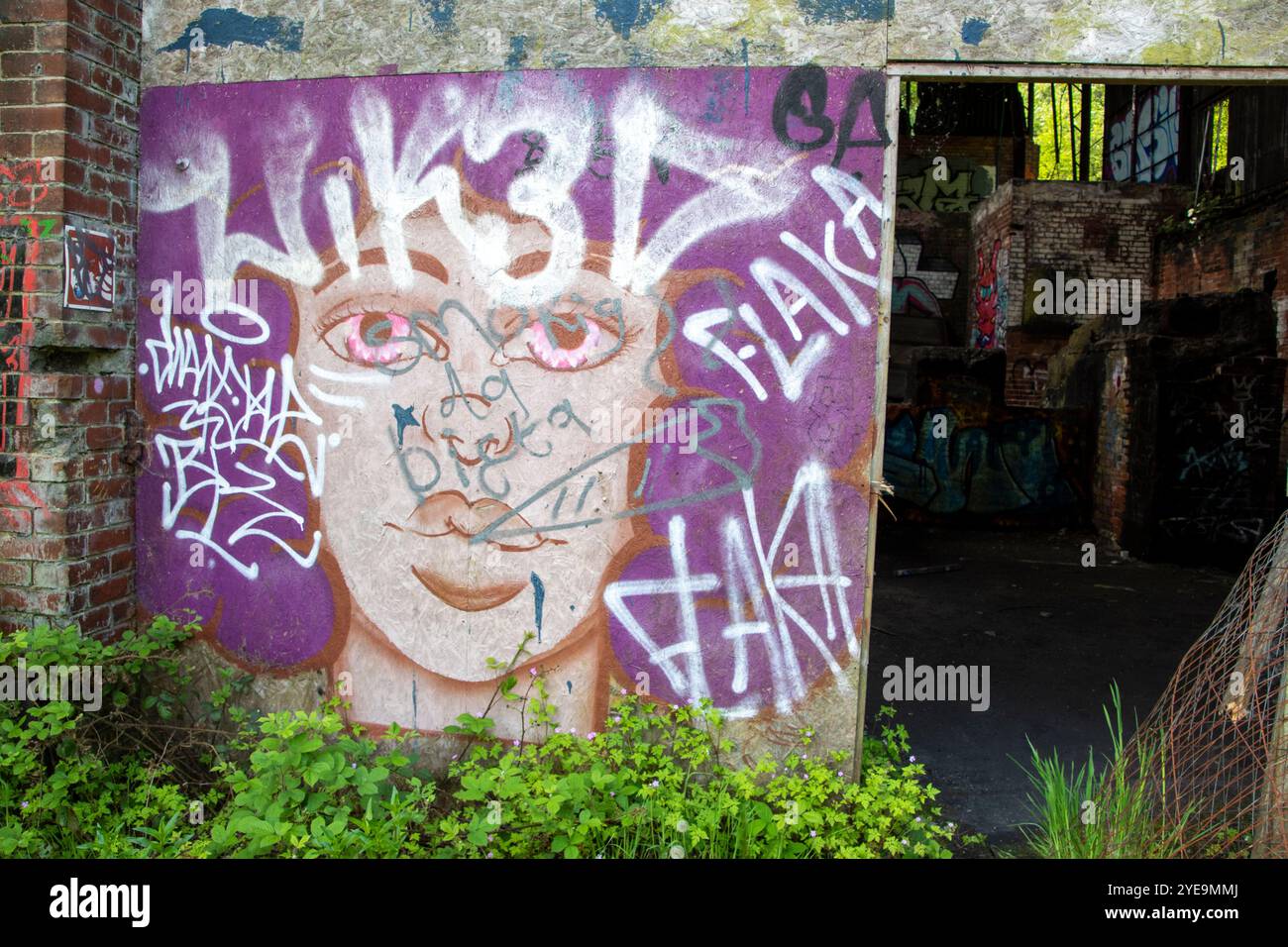 Yorkshire, UK– 18 May 2024: Graffiti art face and tags on the wall of a ...