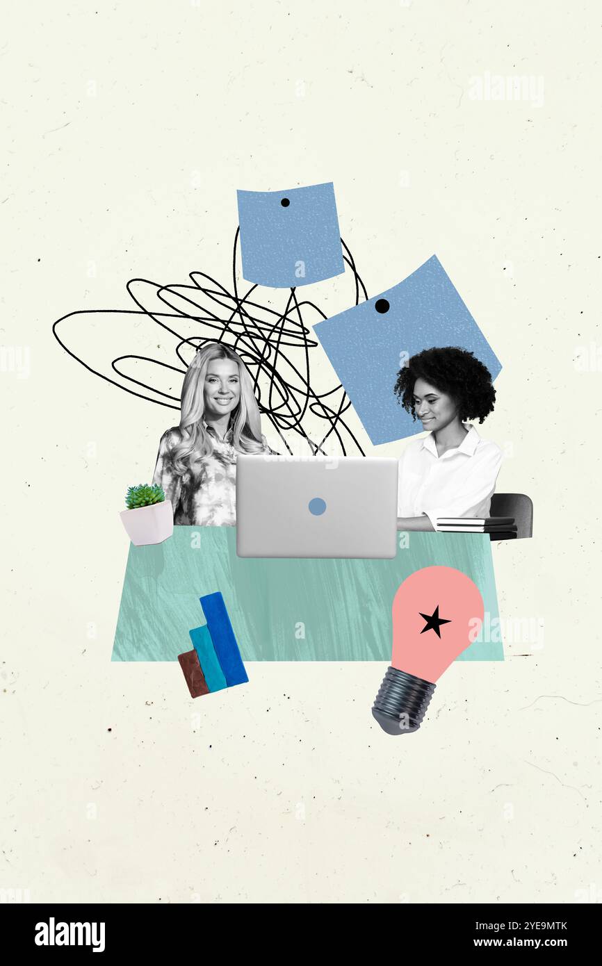 Vertical photo collage of happy girls business partners sit workplace ...