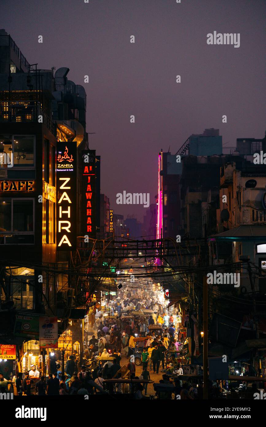Street scene at night in Old Delhi, with large illuminated signs and ...