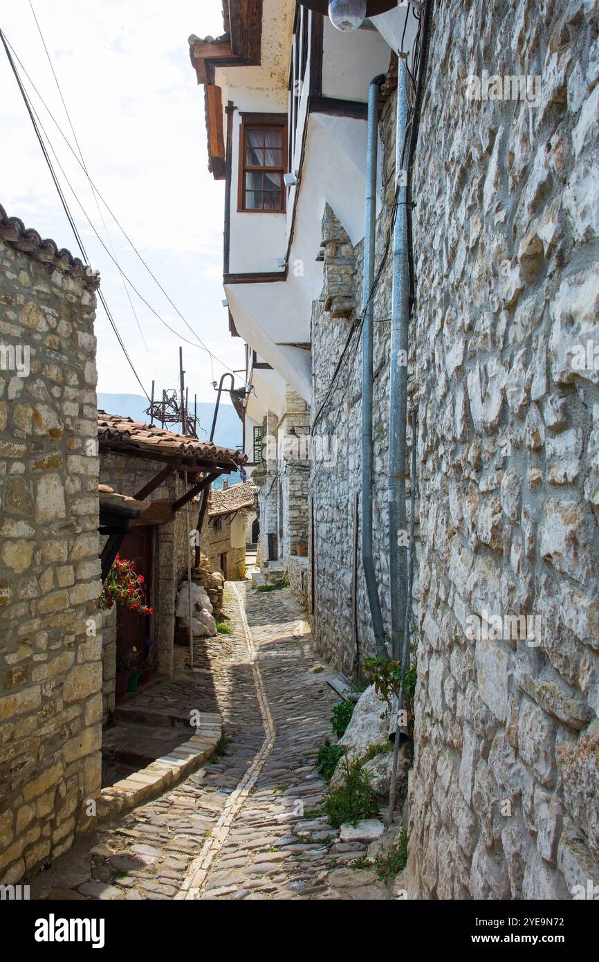 A cobbled street in the historic Mangalem quarter of Berat in Albania ...