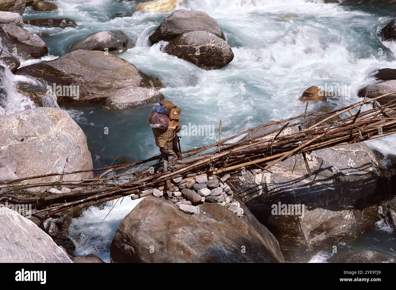 Person crossing the Dudh Kosi River in Nepal, with rushing water ...