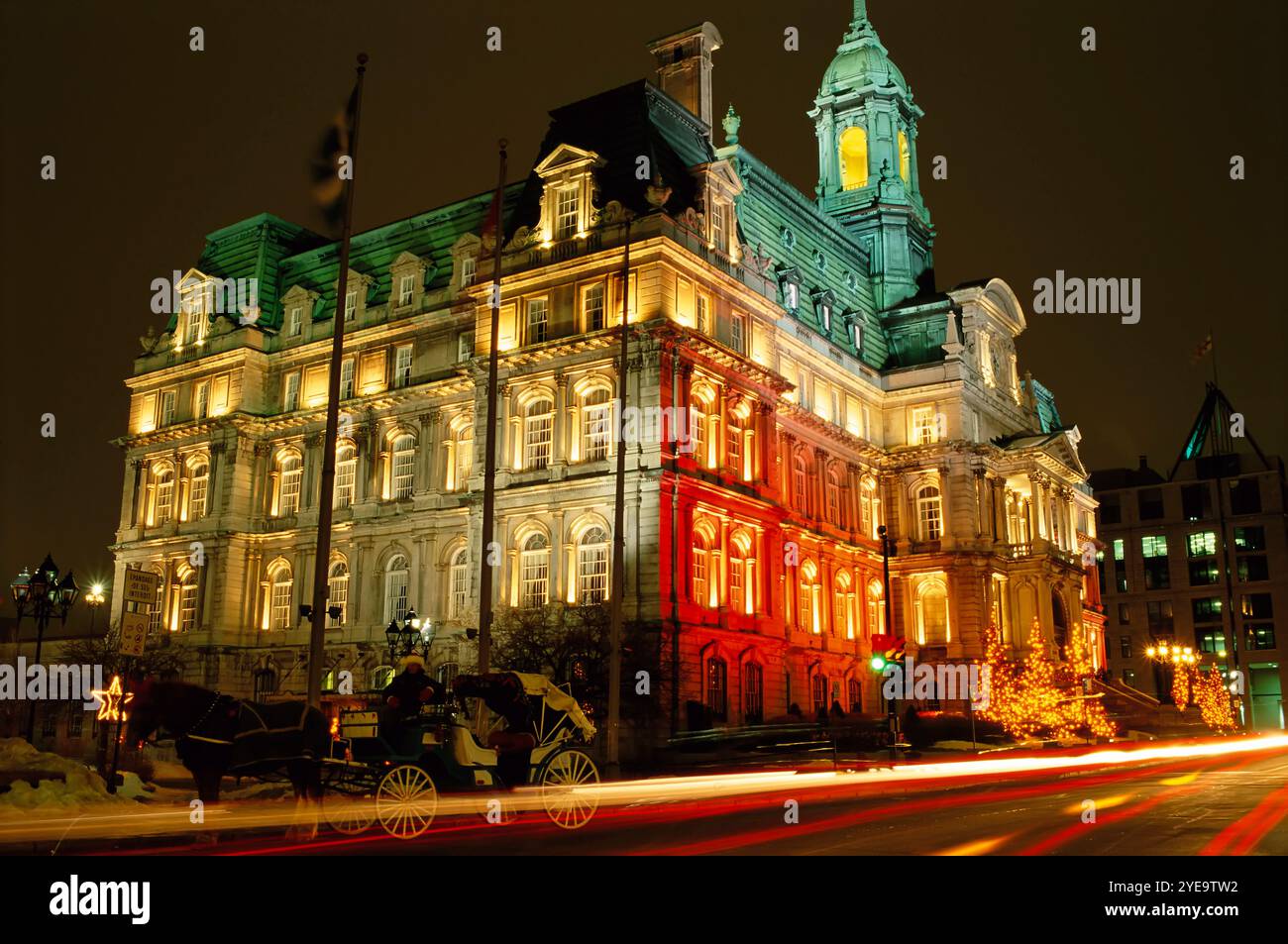 Montreal City Hall illuminated at Christmas in Old Montreal, with a ...