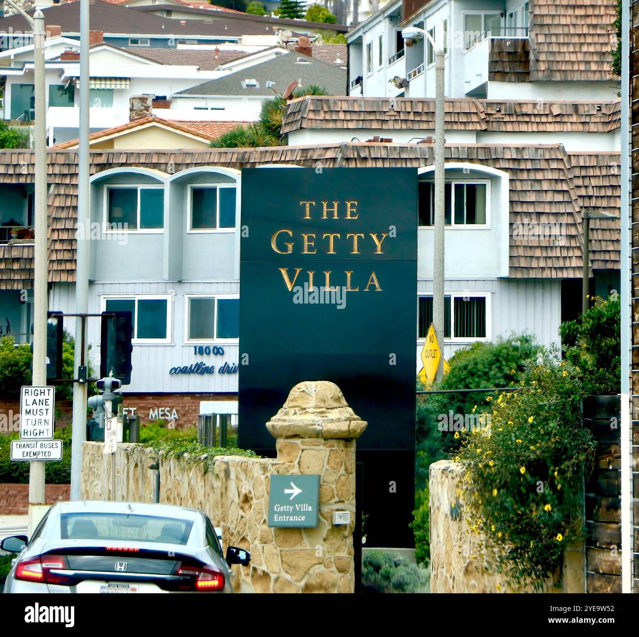 Signs at the entrance to The Getty Villa educational center and art ...