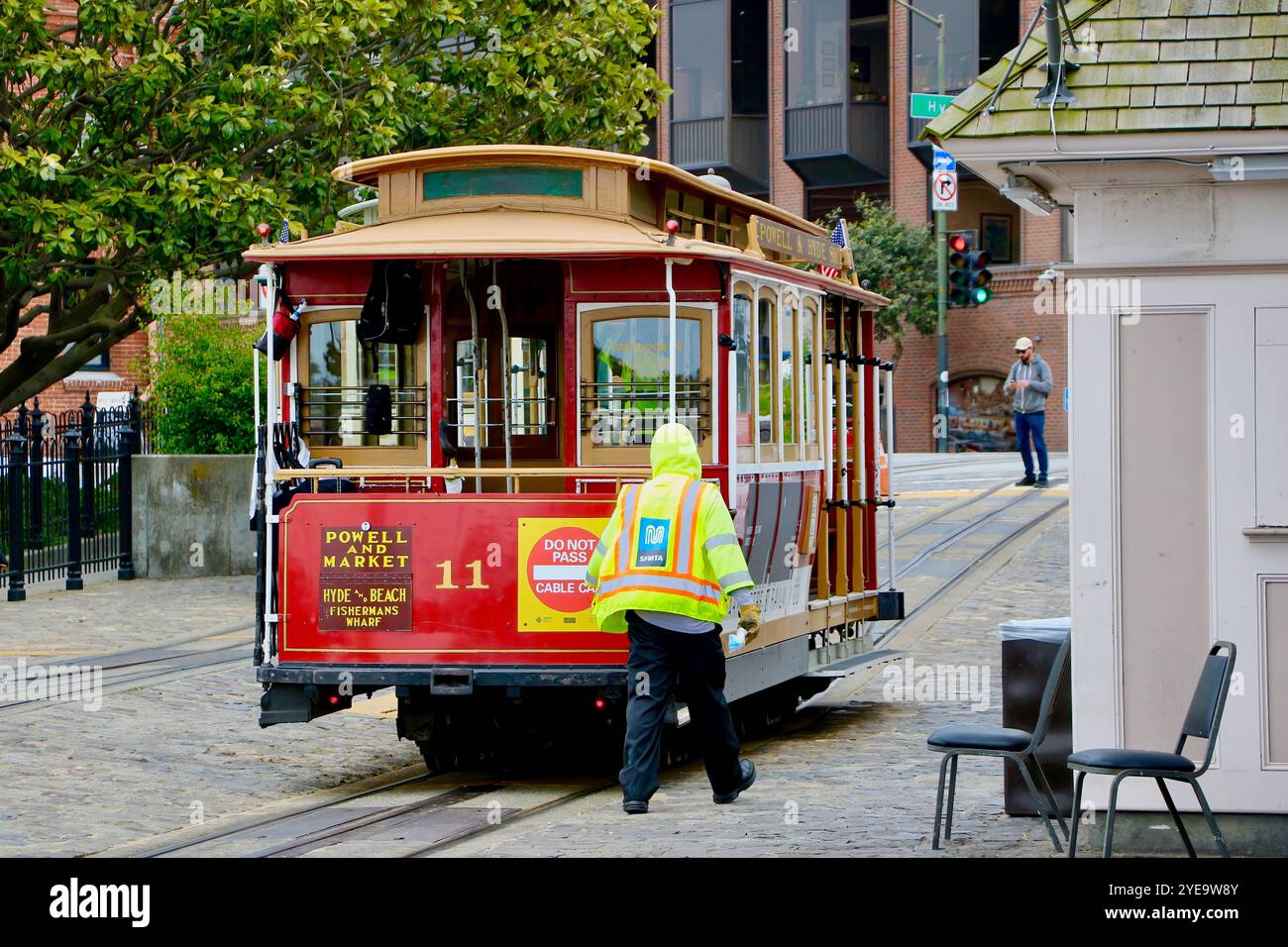Antique cable car being turned round at the Powell/Hyde Cable Car ...