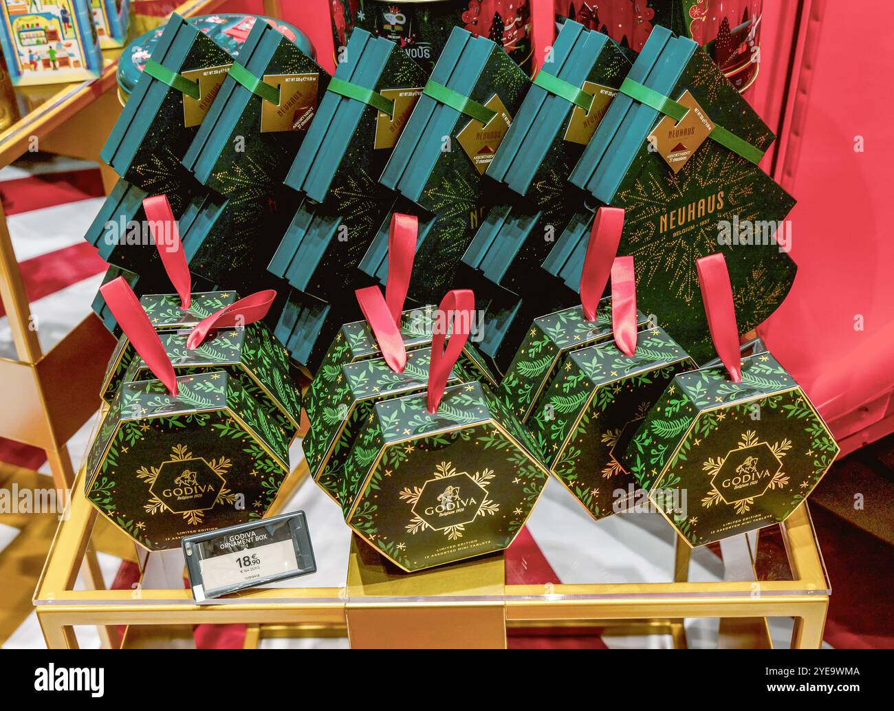 Lots of Christmas boxes with Godiva chocolate. Paris, France - October ...