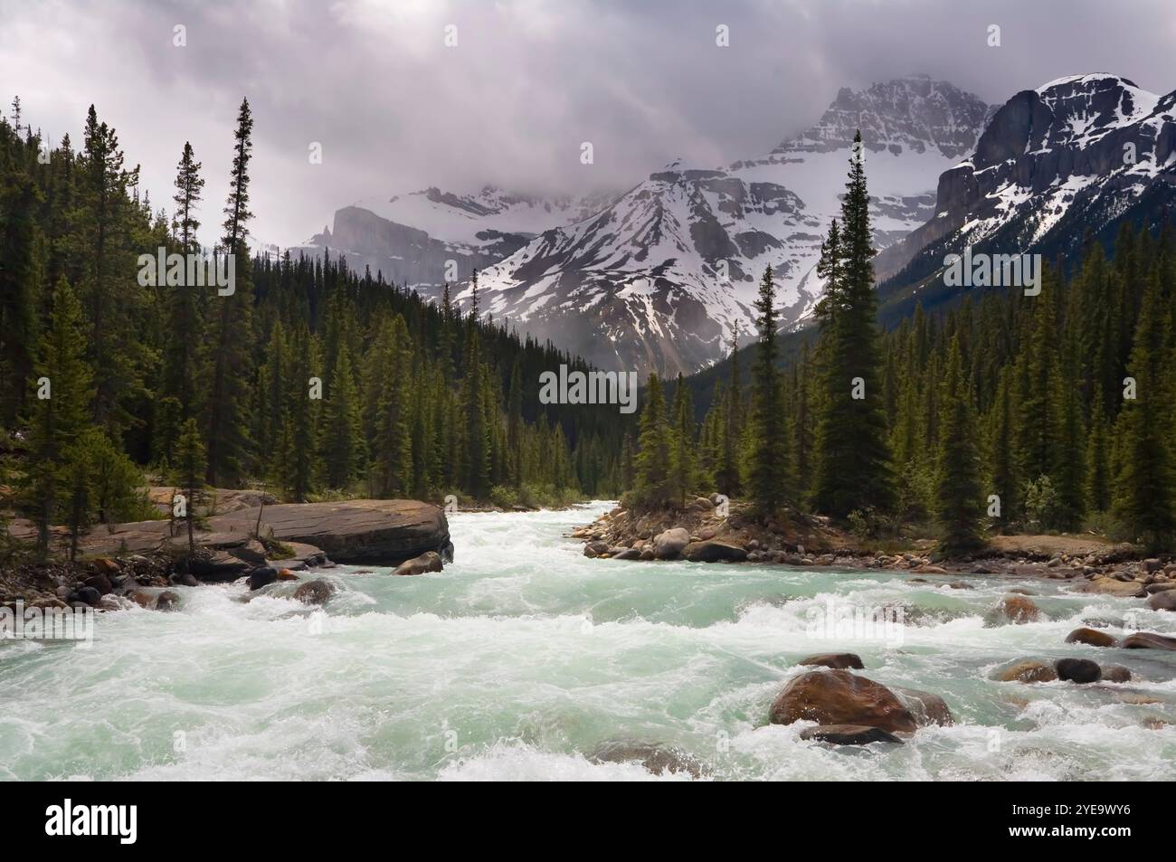 Mount Sarbach and rapids of Mistaya River in Banff National Park ...