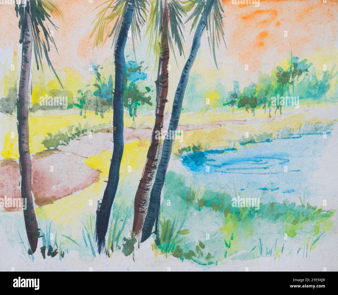 Nice watercolor painting four coconut trees. Indian hand painted ...