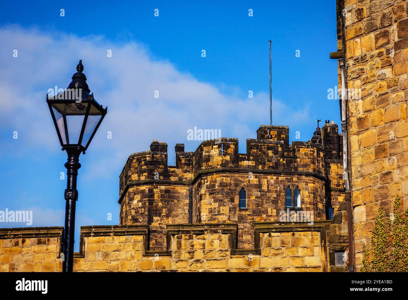 Architectural detail of Alnwick Castle with lamp post; Alnwick ...