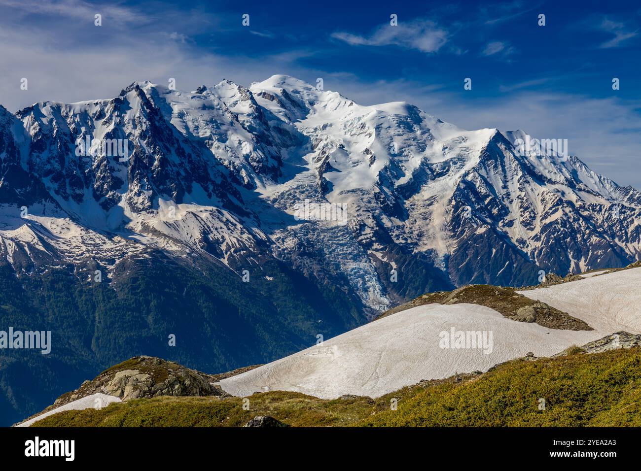 Mont Blanc, Monte Bianco mountain summit snow dome above the Chamonix ...