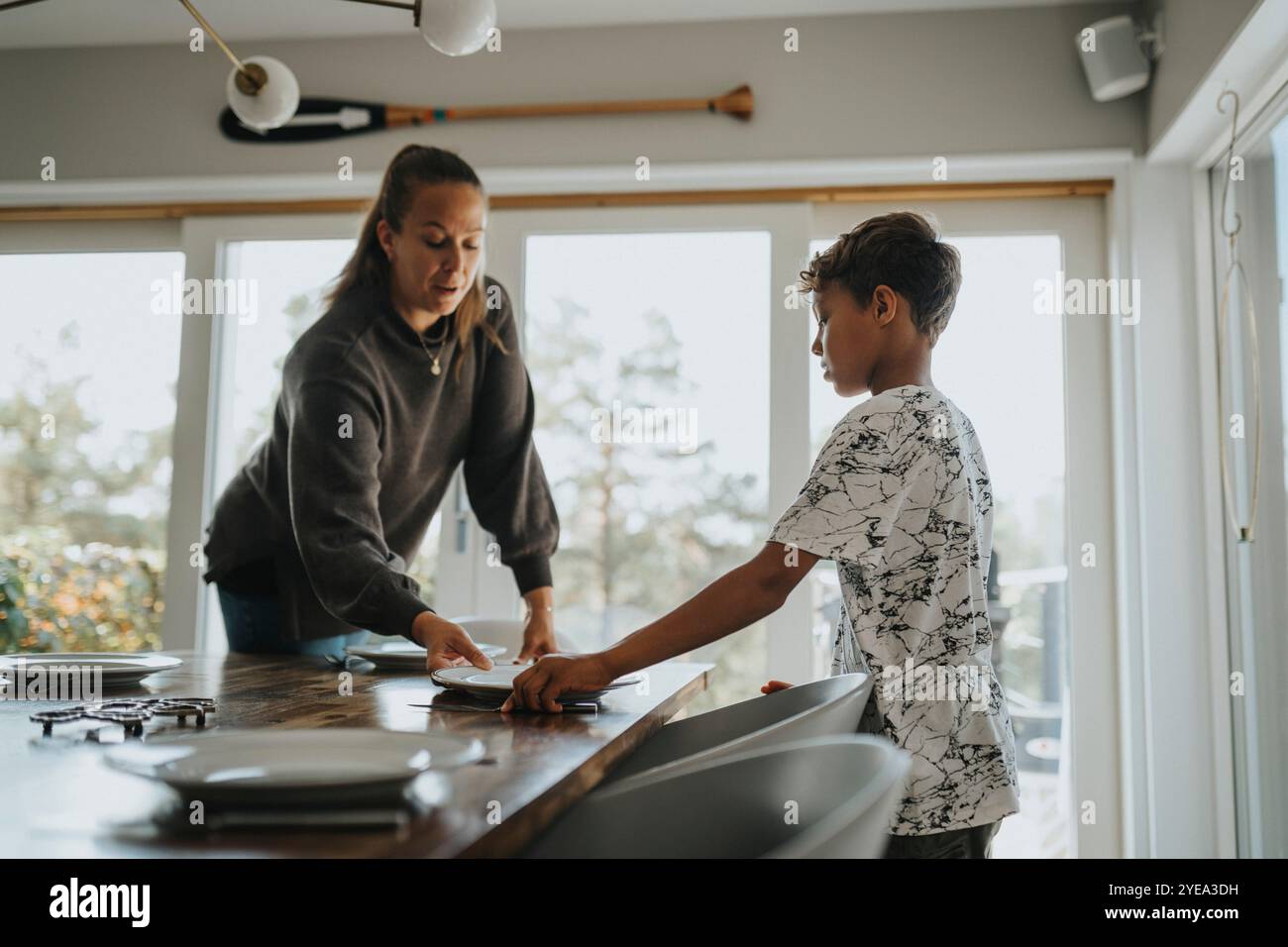 Son helping mother in setting dining table for lunch at home Stock ...