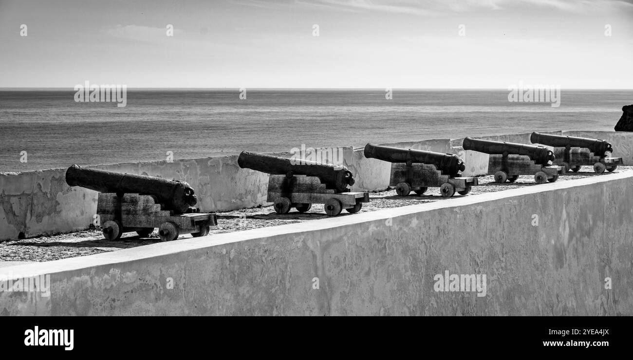 Row of cannons pointing out to the Atlantic ocean at Fortress of Sagres ...