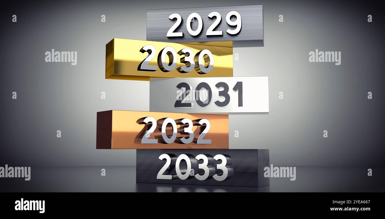 2029, 2030, 2031, 2032, 2033 - words on metal blocks - 3D illustration ...