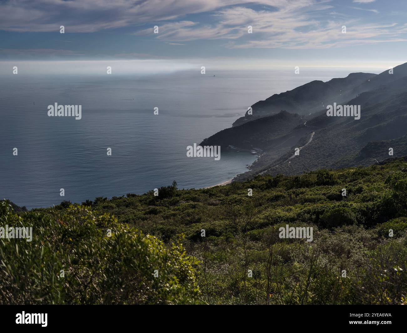 Expansive landscape with lush vegetation, rugged coastline and a view ...