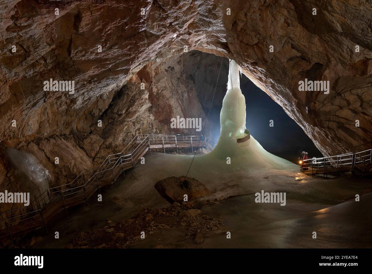 Exploring Eisriesenwelt (giant ice world) cave, a rock cave (limestone ...