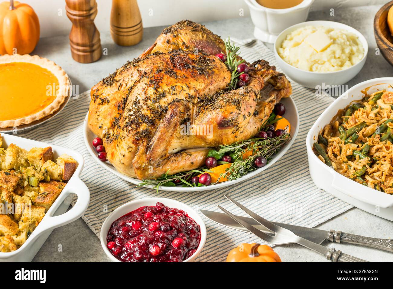 Homemade Thanksgiving Turkey Dinner with Stuffing Beans and Pumpkin Pie ...
