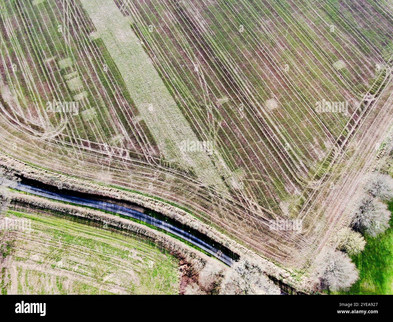 aerial view of arable lowland agricultural field with intersting ...