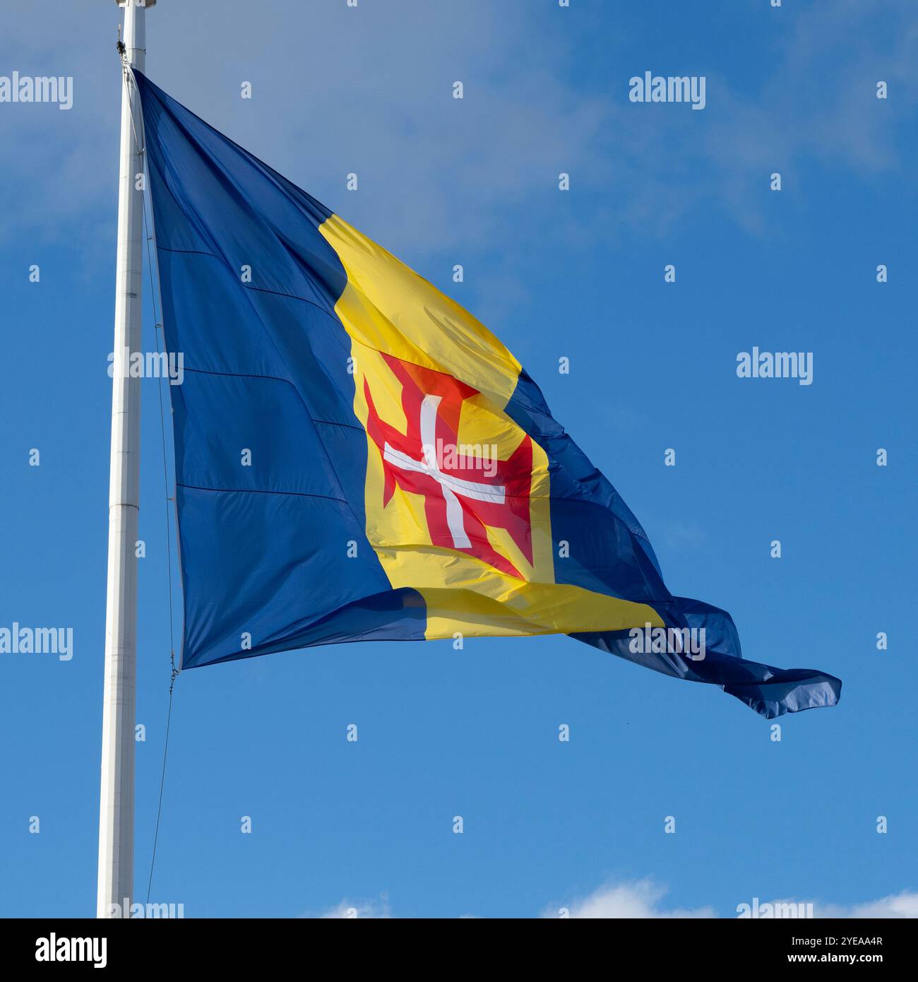 Flag of the Autonomous Region of Madeira windblown in the sunlight with ...