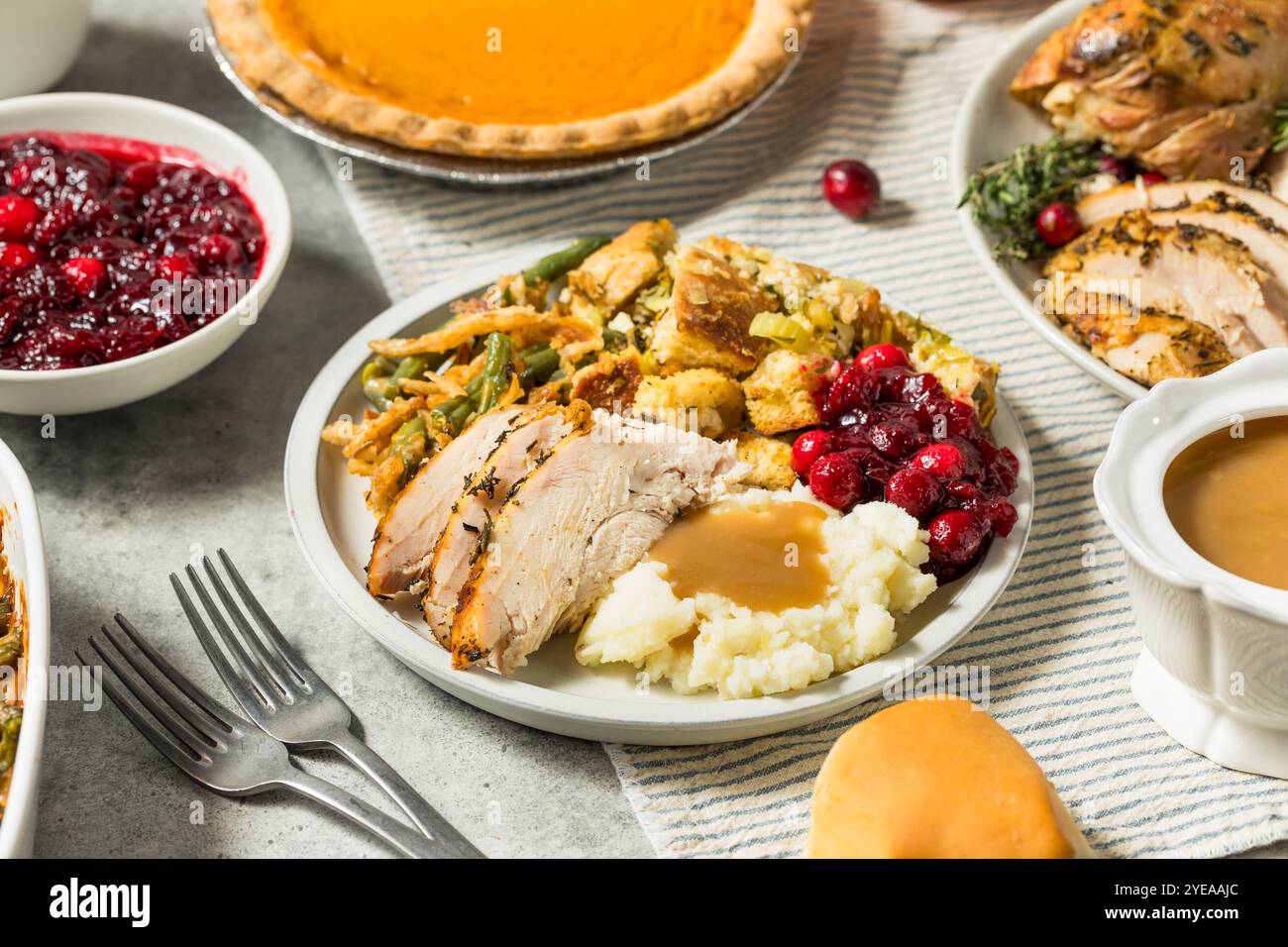 Thanksgiving Turkey Dinner Plate with Potatoes Stuffing Beans and ...