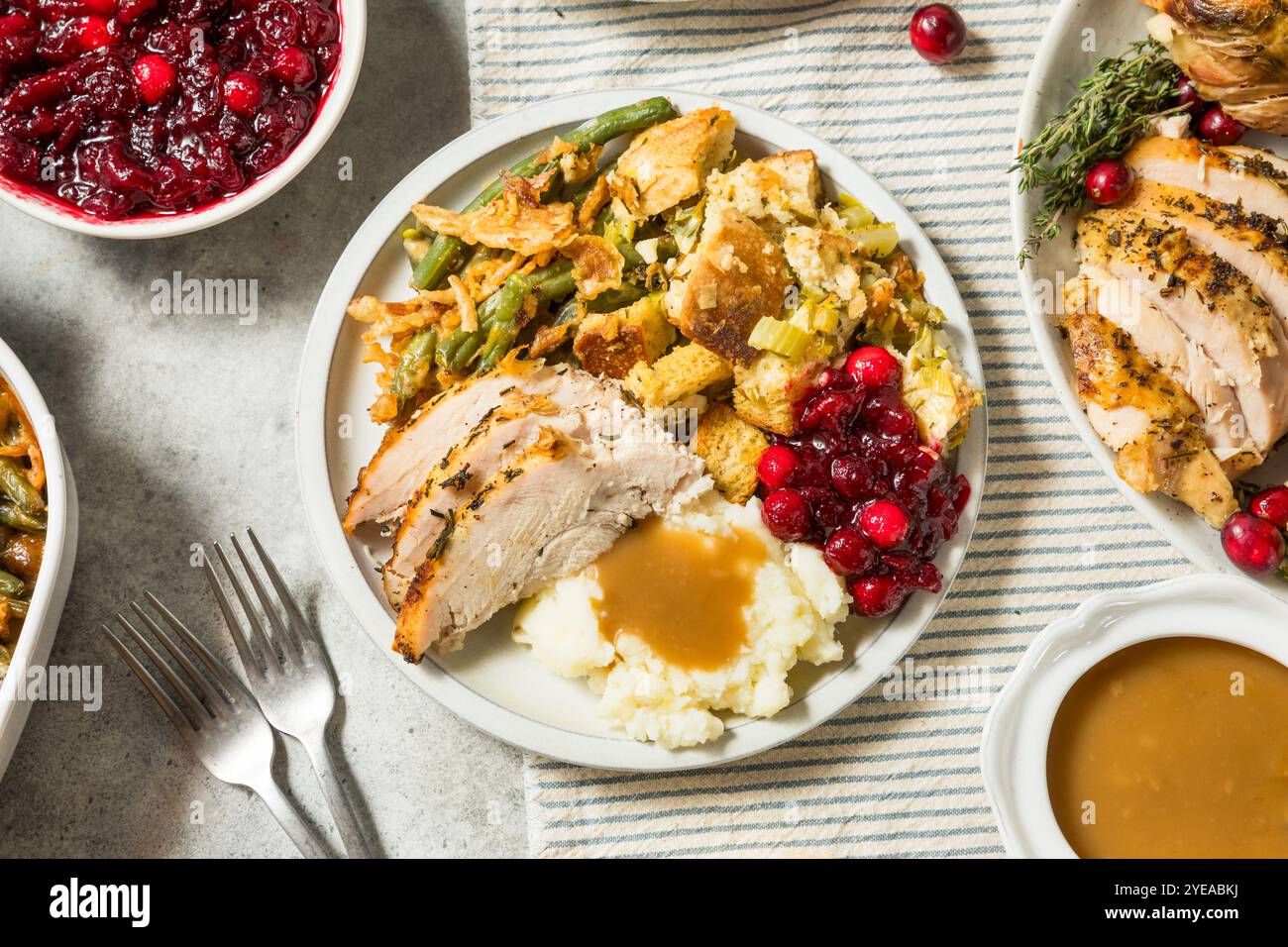 Thanksgiving Turkey Dinner Plate with Potatoes Stuffing Beans and ...