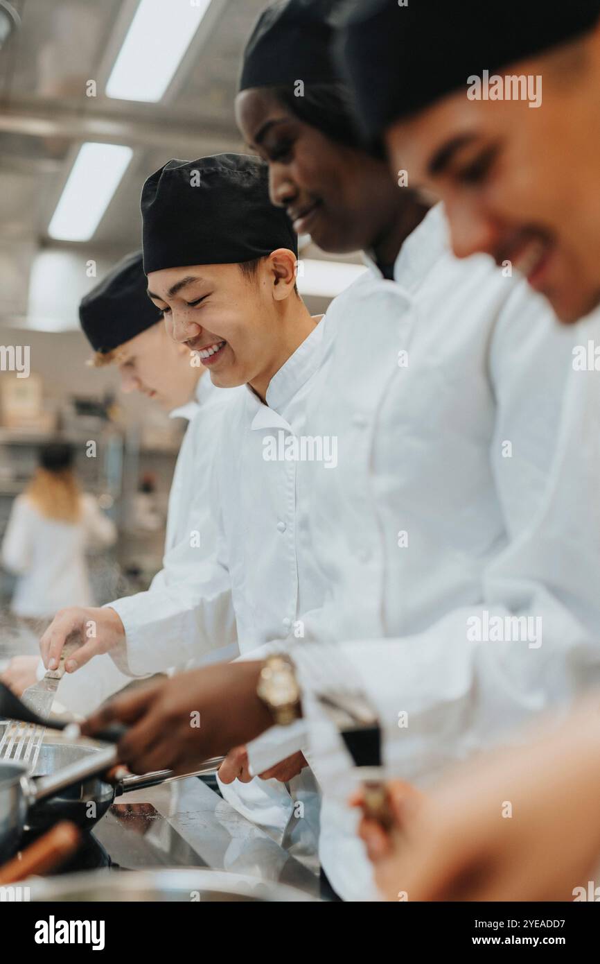 Smiling male and female chefs working together in commercial kitchen ...